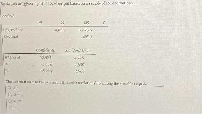 Solved Below you are given a partial Excel output based on a | Chegg.com