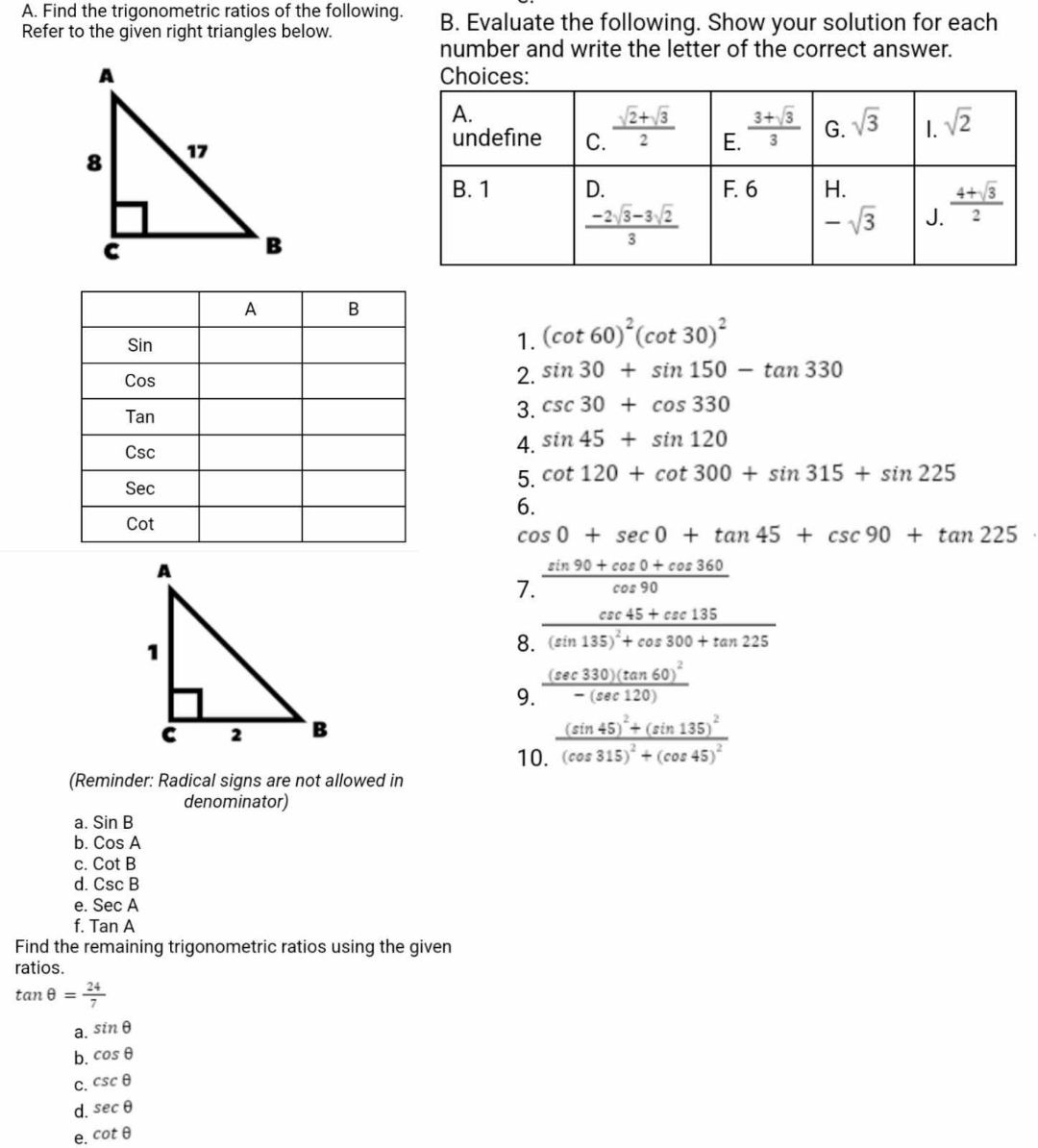 Solved A. ﻿Find the trigonometric ratios of the following. | Chegg.com