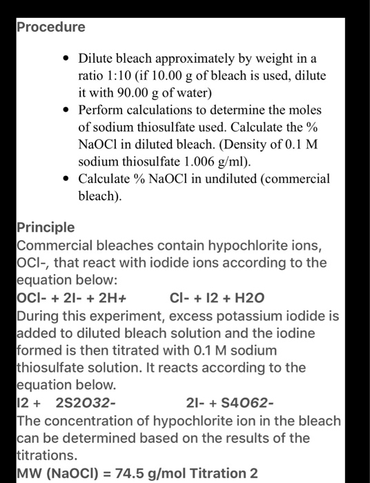 Solved Procedure • Dilute bleach approximately by weight in | Chegg.com