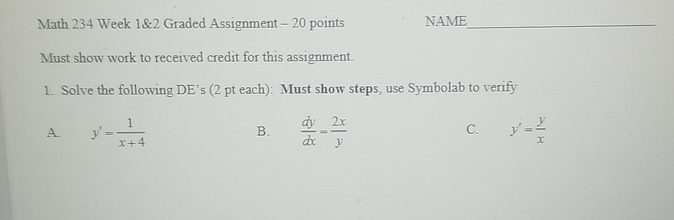 Solved Math 234 ﻿Week 1&2 ﻿Graded Assignment - 20 | Chegg.com