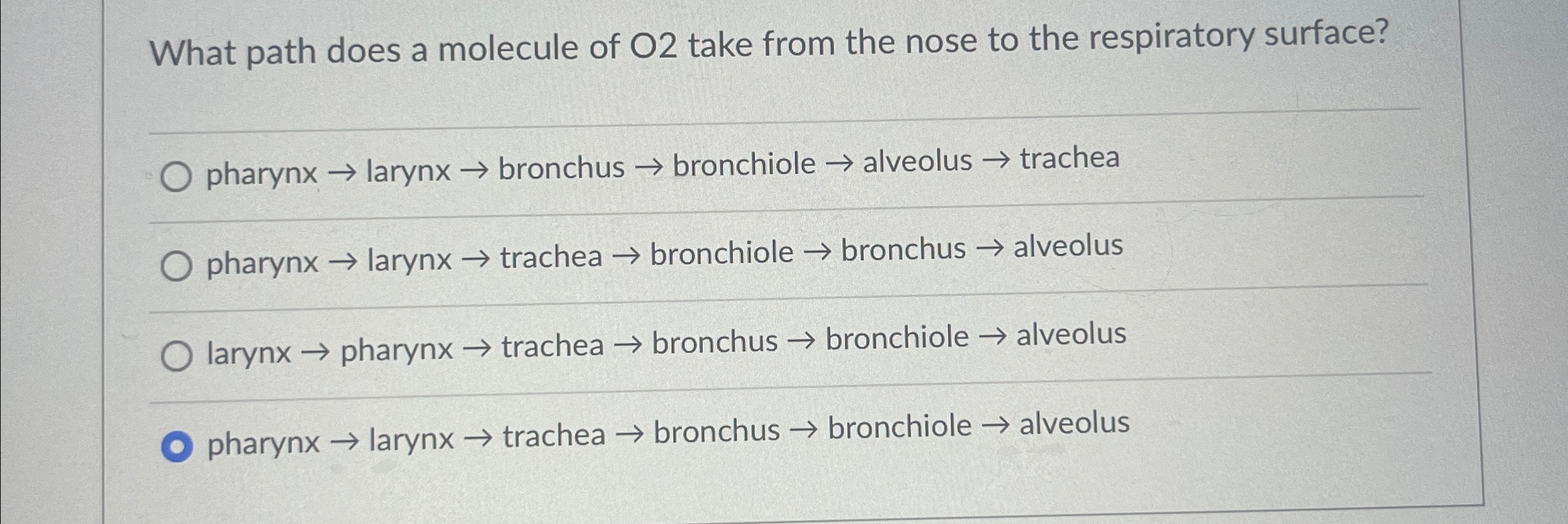 Solved What path does a molecule of O2 ﻿take from the nose | Chegg.com