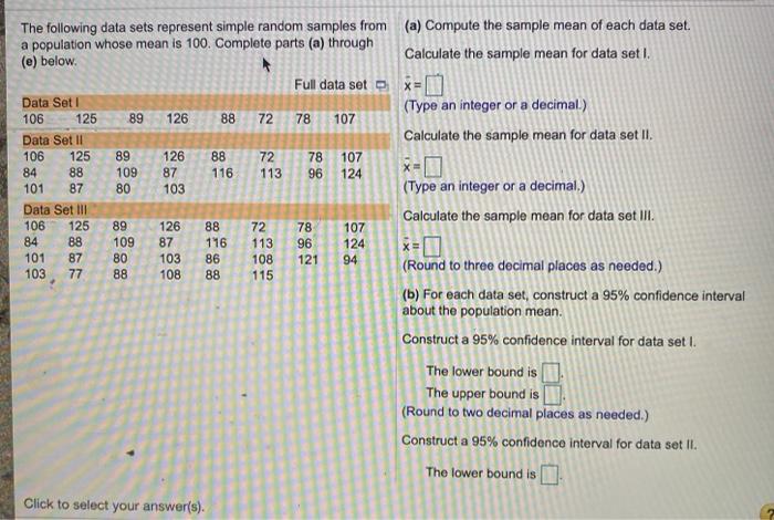 Solved The following data sets represent simple random | Chegg.com