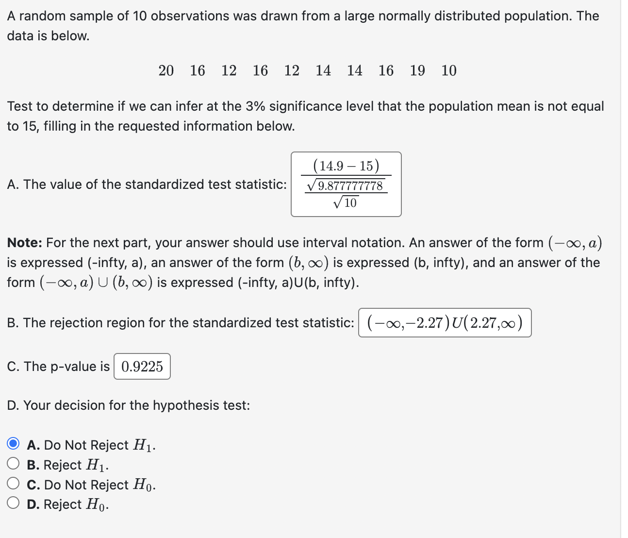 Solved A random sample of 10 ﻿observations was drawn from a | Chegg.com