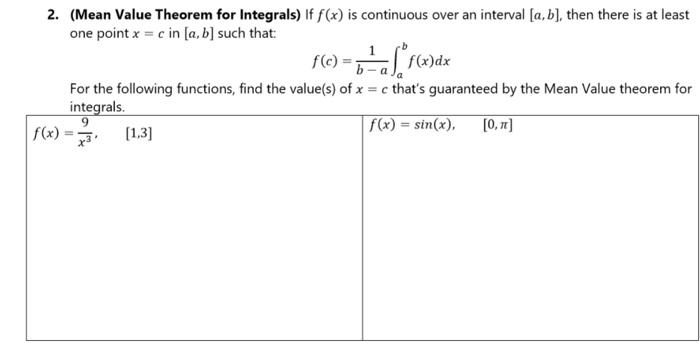 Solved 2. (Mean Value Theorem for Integrals) If f(x) is | Chegg.com