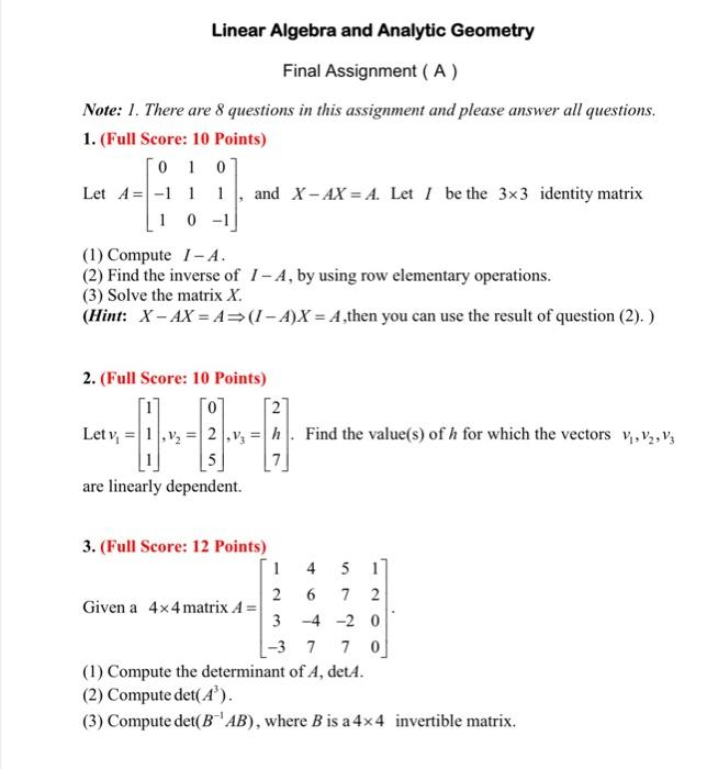 Solved Linear Algebra and Analytic Geometry Final Assignment | Chegg.com