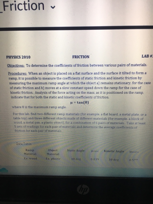 Solved Friction PHYSICS 2010 FRICTION LAB # Objectives: To | Chegg.com