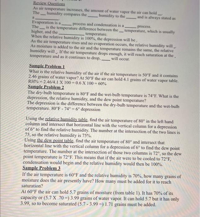 Solved Review Questions As air temperature increases, the | Chegg.com