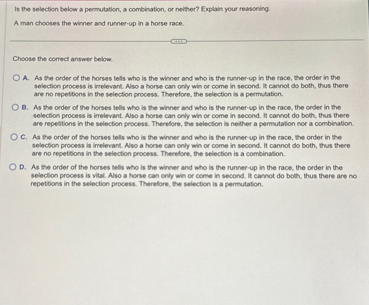 Solved Is the selection below a permutation, a combination, | Chegg.com