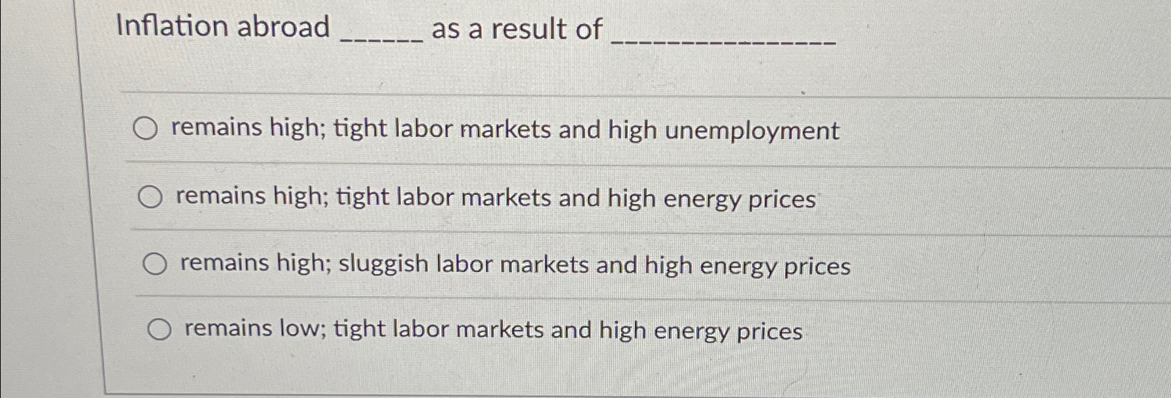 Solved Inflation abroad as a result ofremains high; tight | Chegg.com
