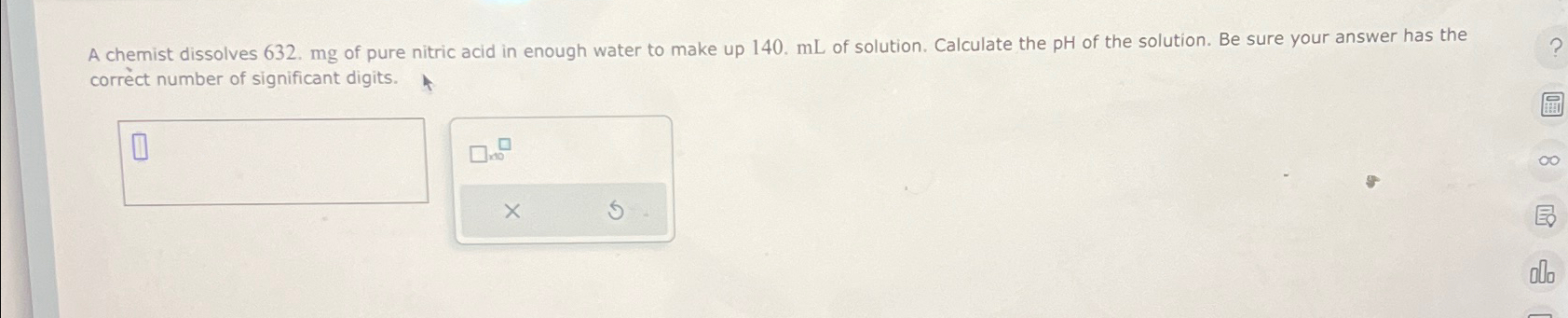 Solved A chemist dissolves 632.mg ﻿of pure nitric acid in | Chegg.com