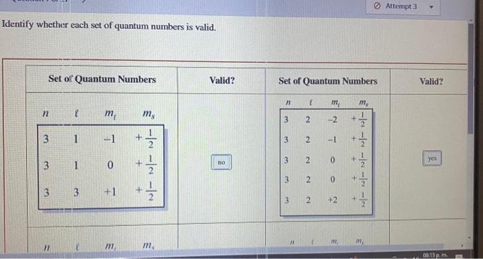 Solved Identify whether each set of quantum numbers is | Chegg.com