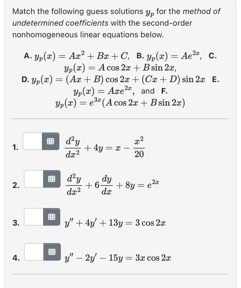Solved Match the following guess solutions yp ﻿for the | Chegg.com