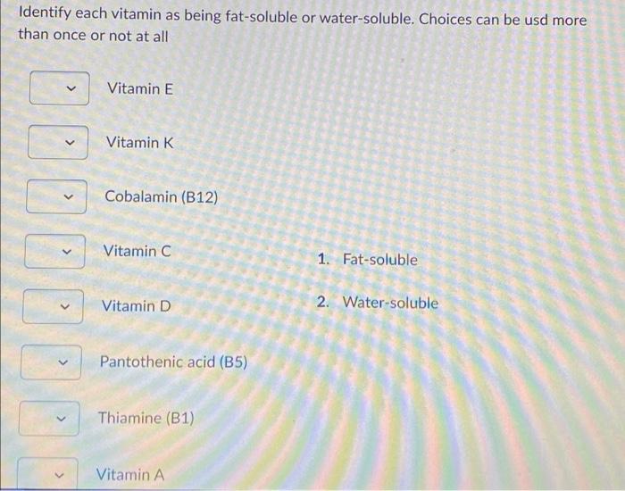 Solved Identify each vitamin as being fat-soluble or | Chegg.com