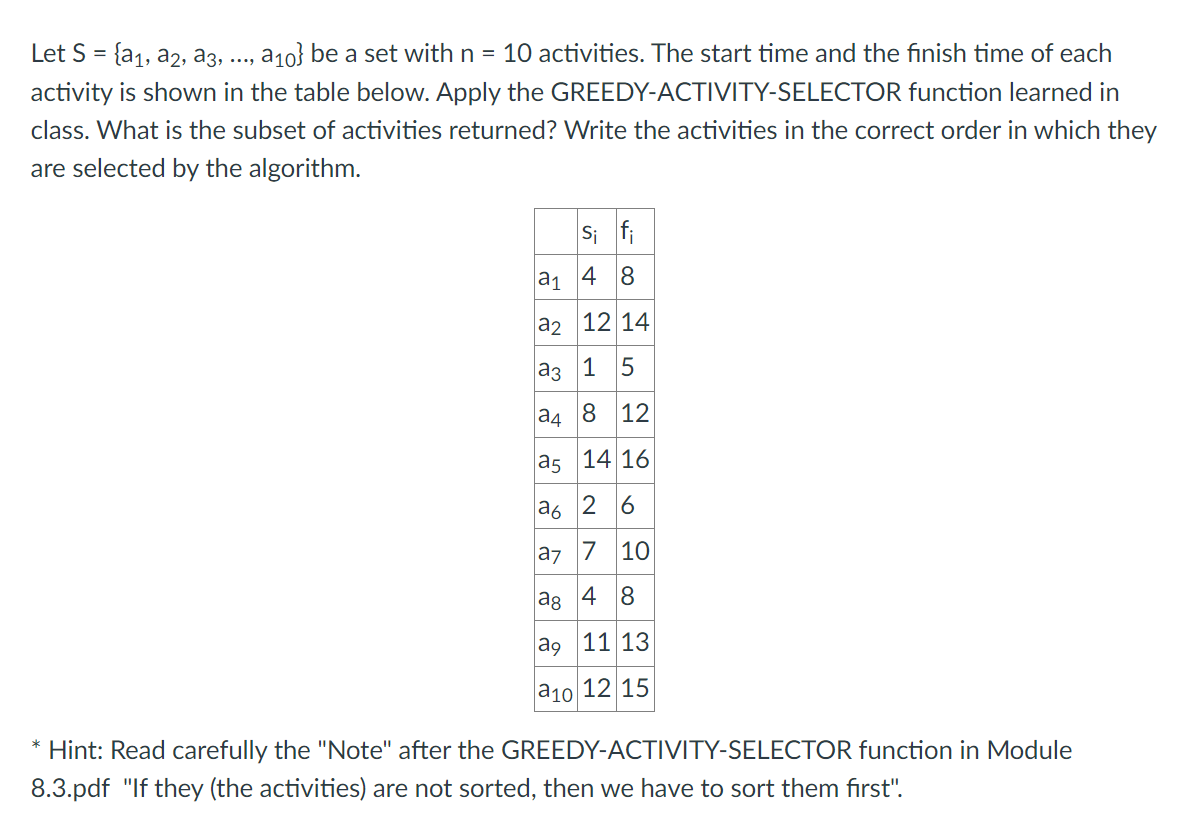 Solved Let S={a1,a2,a3,…,a10} be a set with n=10 activities. | Chegg.com