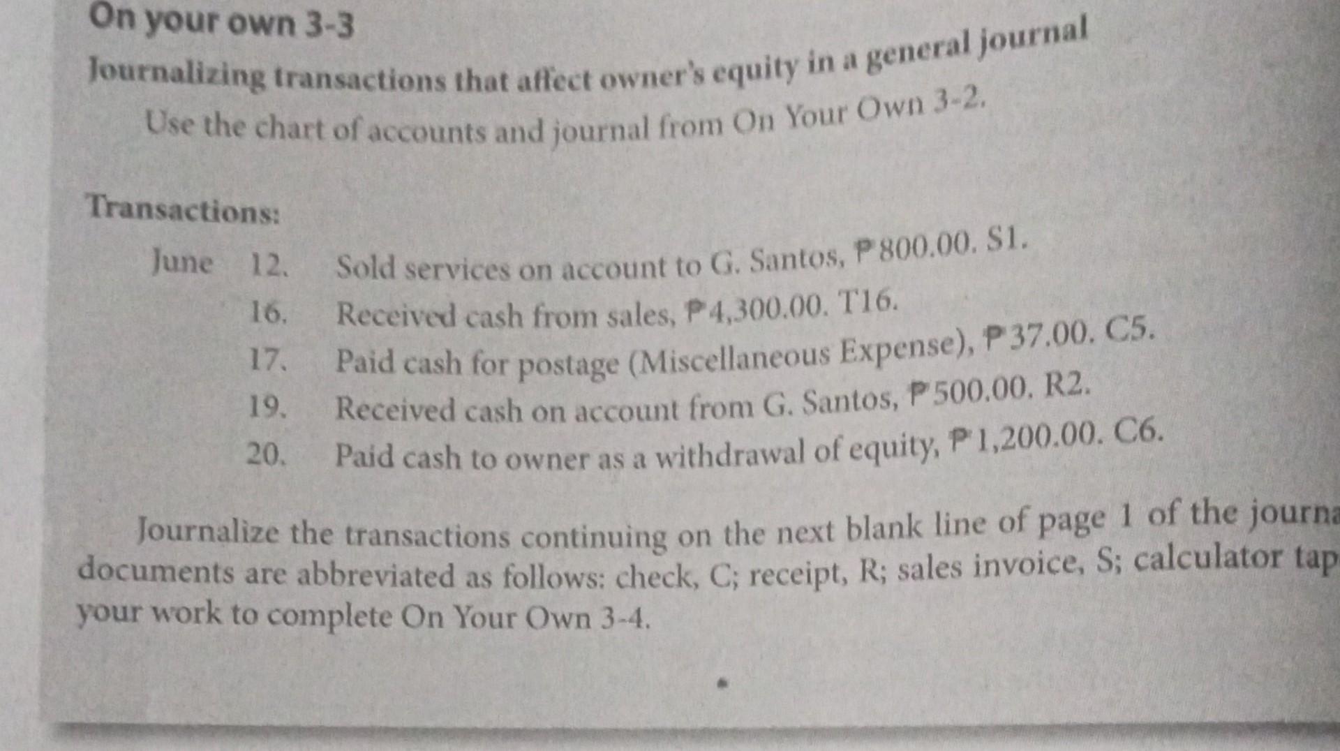Solved On your own 3-3 Journalizing transactions that affect | Chegg.com