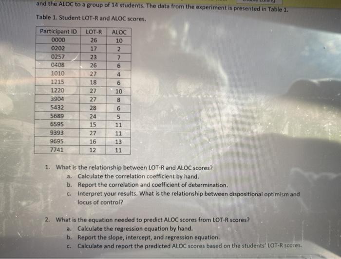 Solved and the ALOC to a group of 14 students. The data from | Chegg.com
