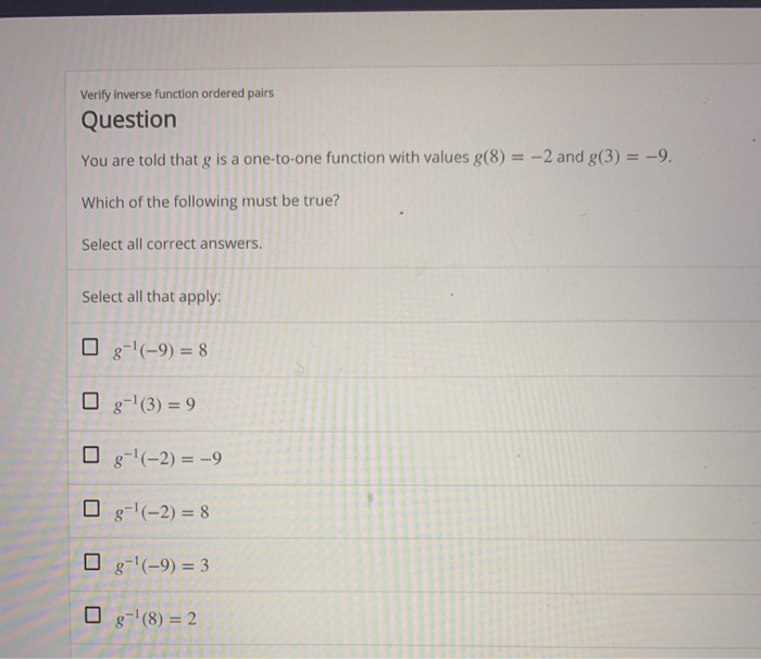 Solved Verify inverse function ordered pairs Question You | Chegg.com