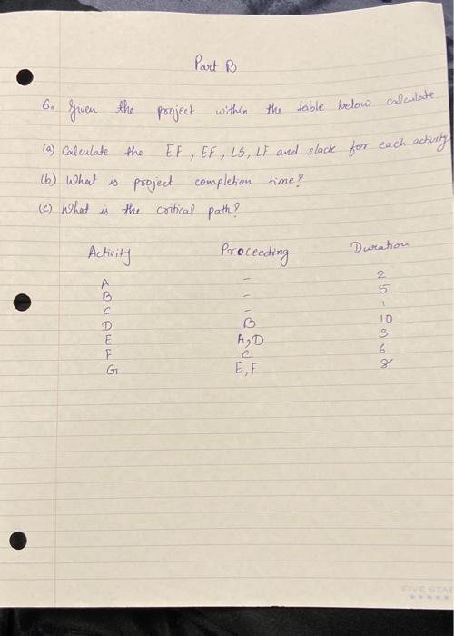Solved Part B within the table below calculate 6. Given the | Chegg.com