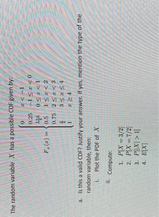 The random variable X has a possible CDF given by: | Chegg.com