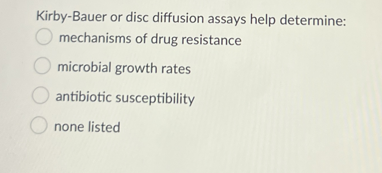 Solved Kirby-Bauer or disc diffusion assays help | Chegg.com