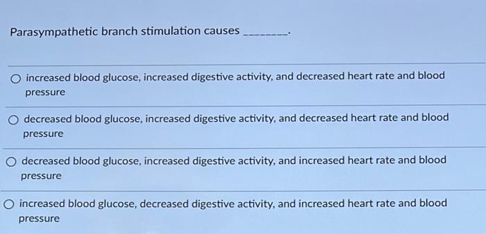 Solved Parasympathetic branch stimulation causes increased | Chegg.com