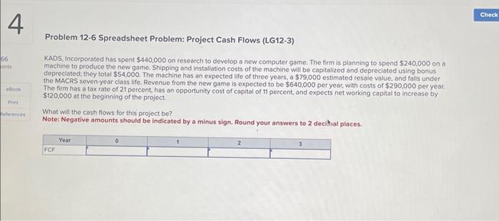 Solved Problem 12.6 Spreadsheet Problem: Project Cash Flows | Chegg.com