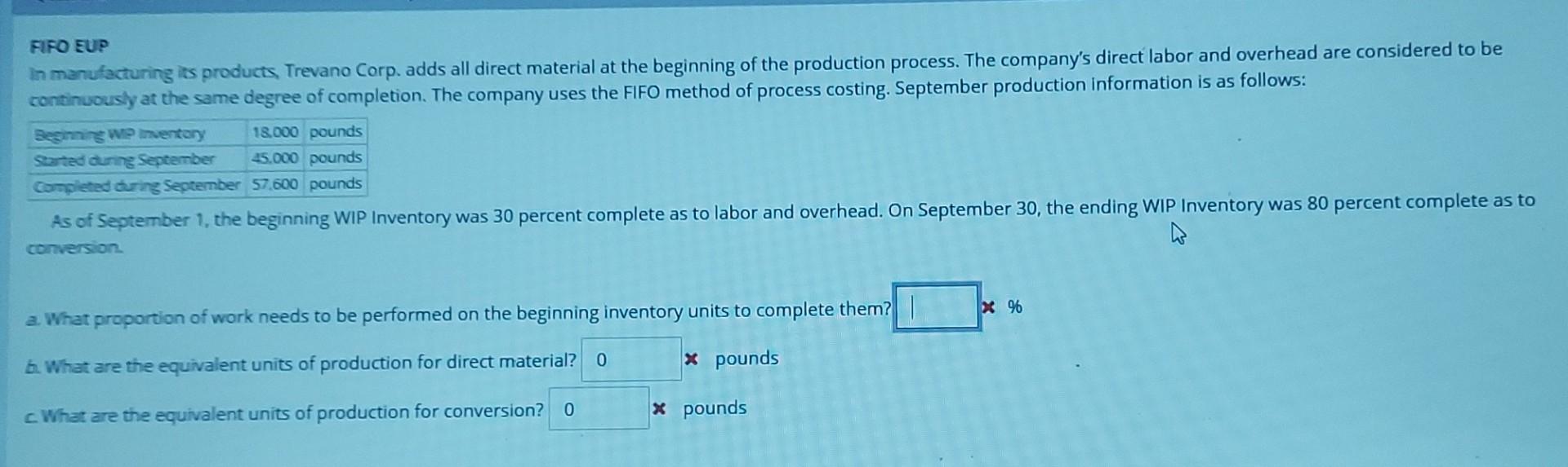 Solved FIFO EUP in manufacturing its products, Trevano Corp. | Chegg.com