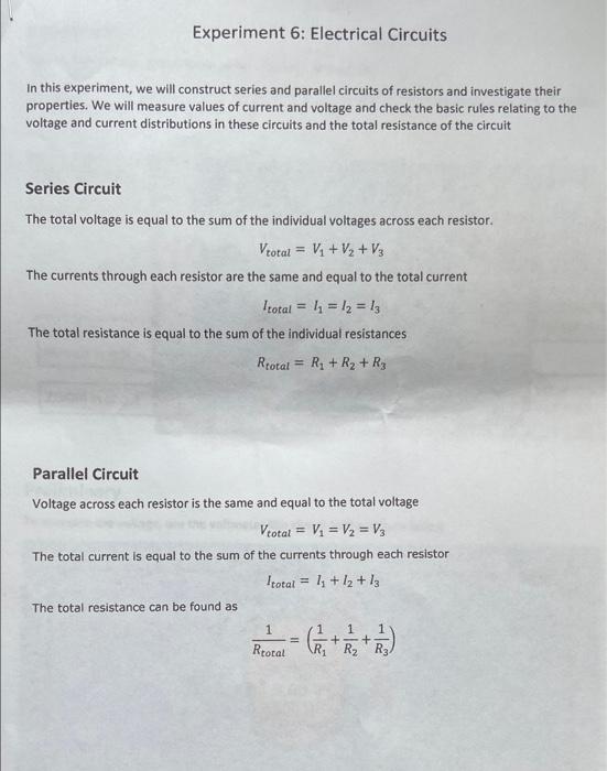 Solved Experiment 6: Electrical Circuits In this experiment, | Chegg.com
