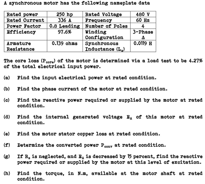 Solved A synchronous motor has the following nameplate data | Chegg.com