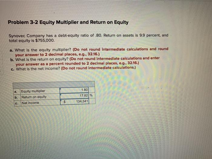 Solved Problem 3-2 Equity Multiplier and Return on Equity | Chegg.com