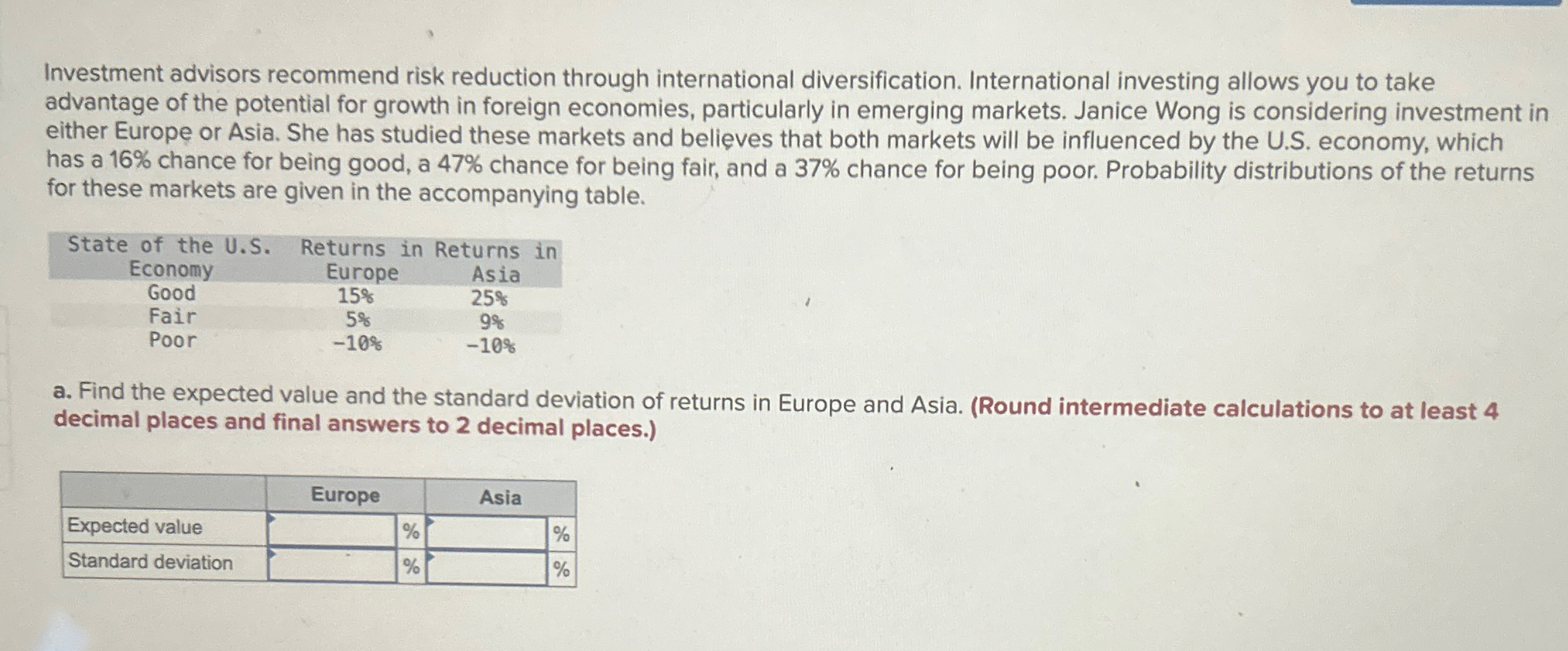 Solved Investment advisors recommend risk reduction through | Chegg.com