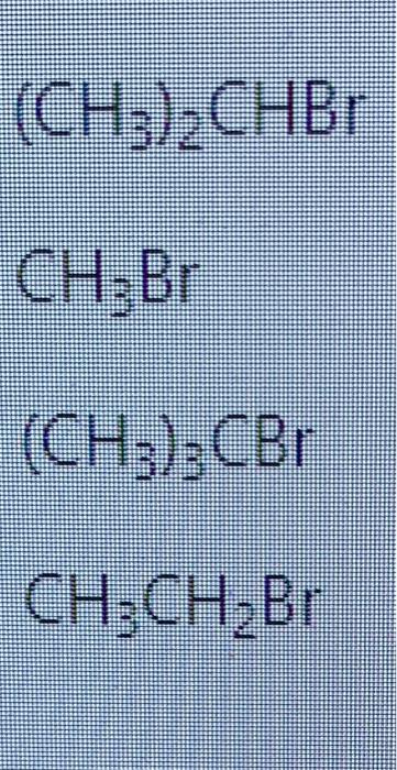 Solved (CH3)2CHBO CH:Br (CH3)3CBr CH3CH2BI | Chegg.com