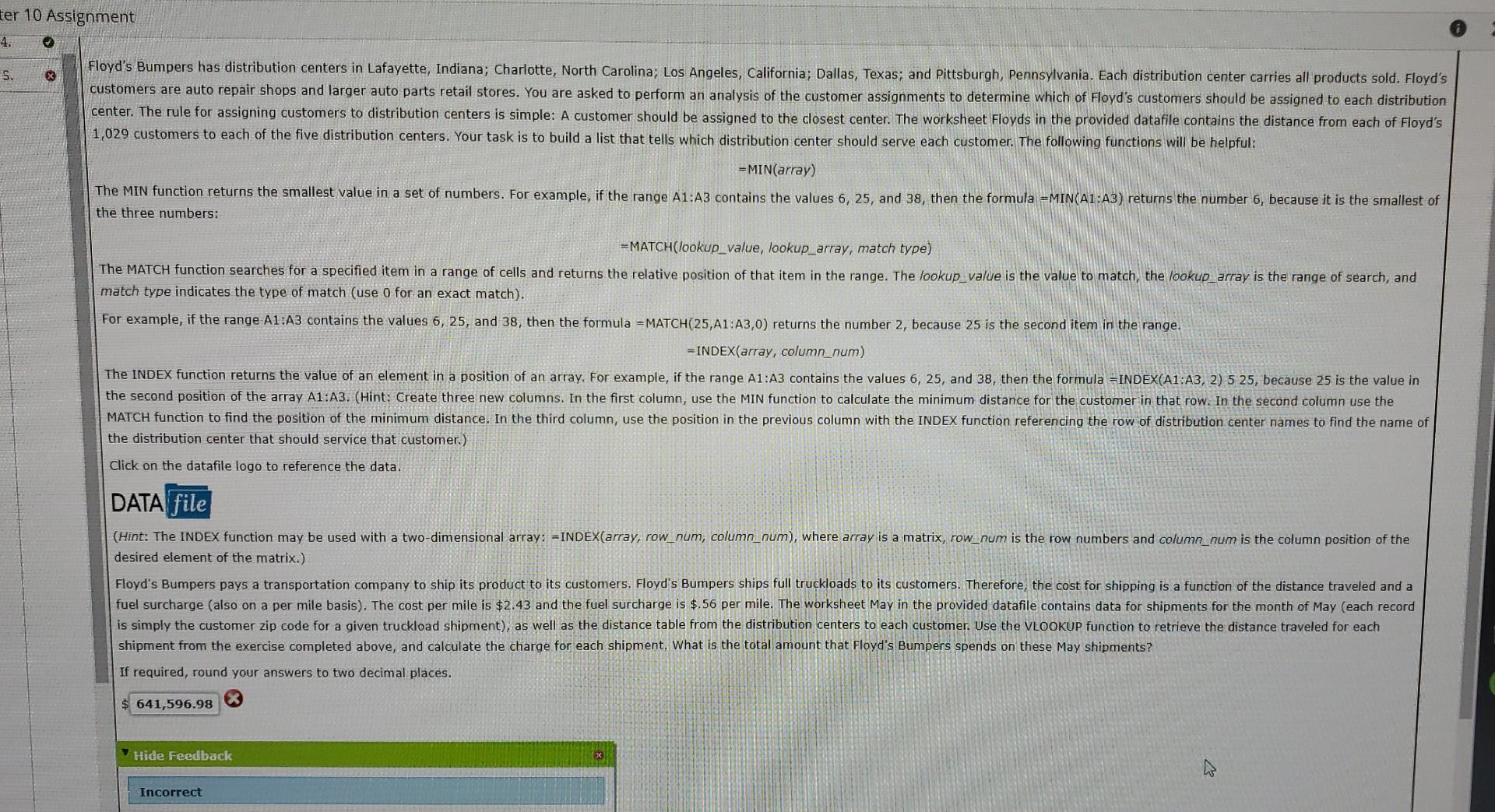 Solved =MIN(array) the three numbers: = MATCH(lookup_value, | Chegg.com