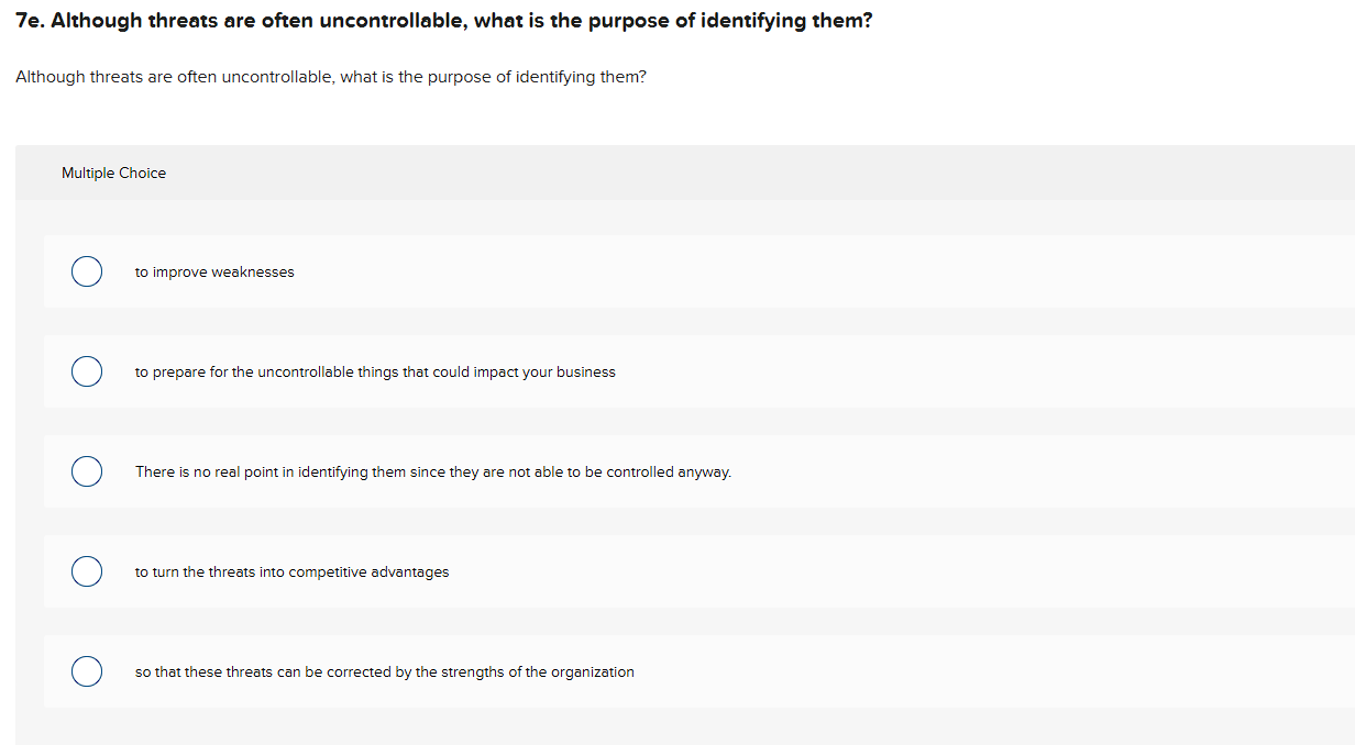 Solved 7e. ﻿Although threats are often uncontrollable, what | Chegg.com