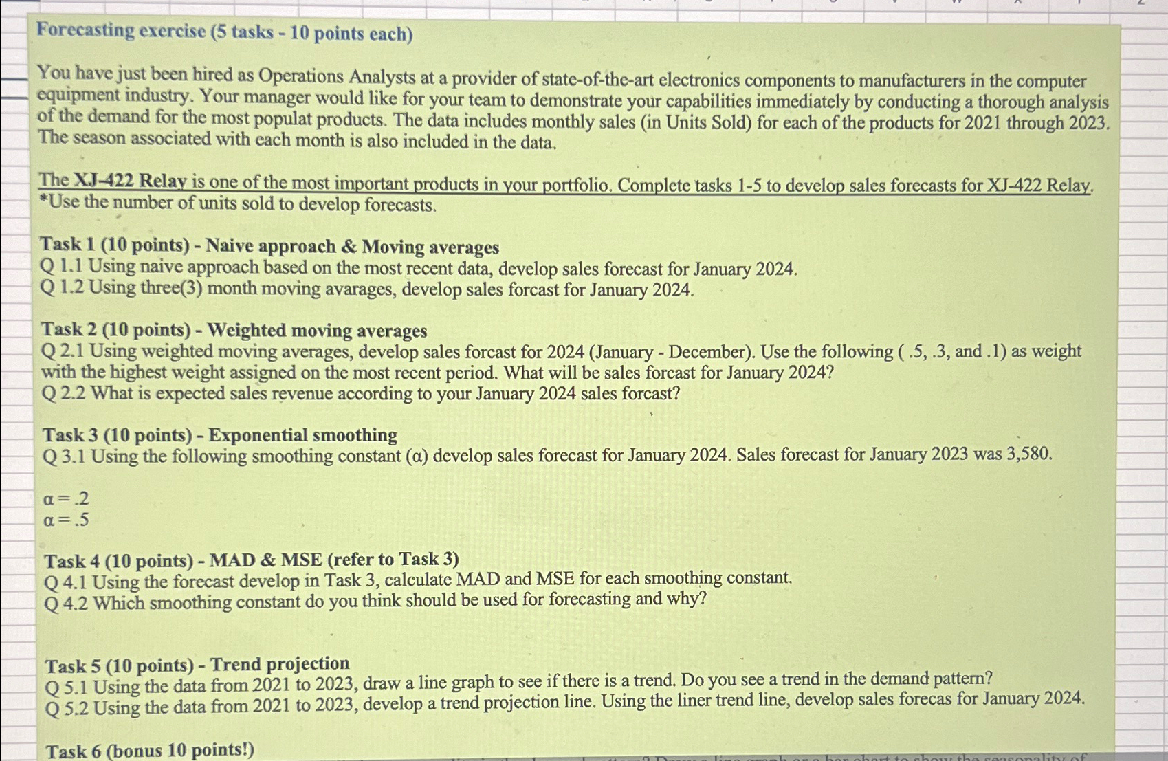 Solved Forecasting exercise (5 ﻿tasks - 10 ﻿points each)You | Chegg.com