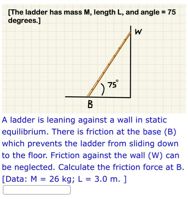 Solved [The ladder has mass M, length L, and angle =75 | Chegg.com