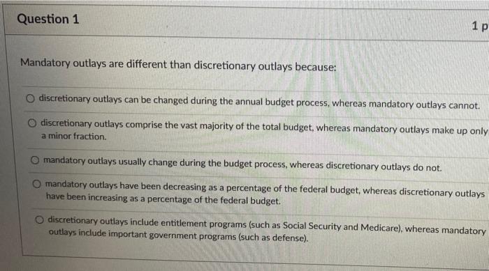 Solved Question 1 1 p Mandatory outlays are different than | Chegg.com