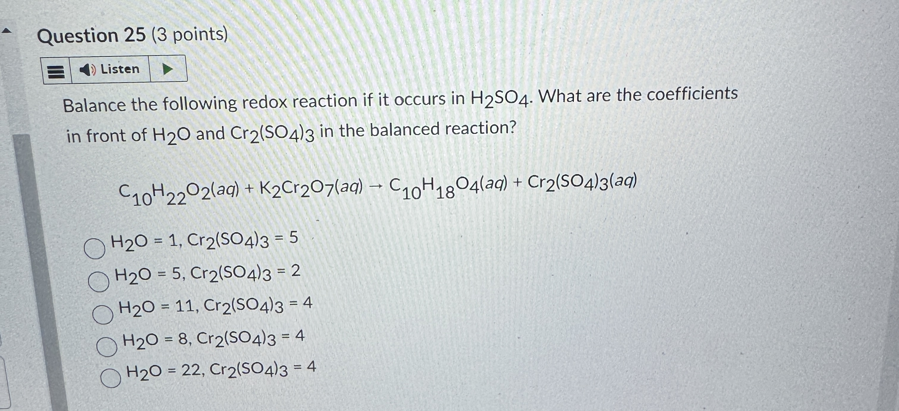 Solved Question 25 (3 ﻿points)Balance the following redox | Chegg.com