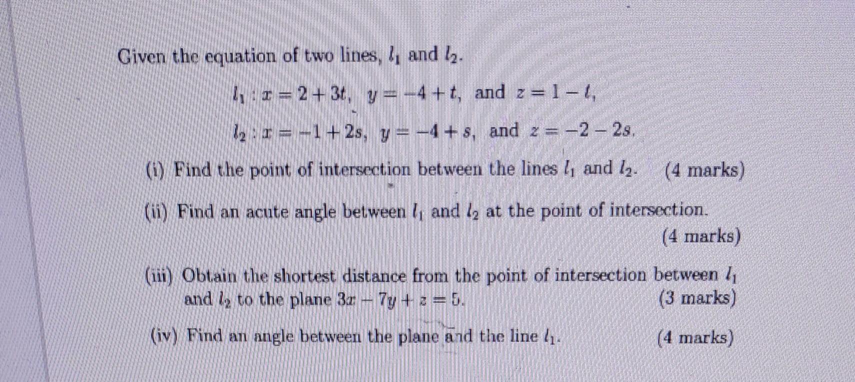 Solved Given the equation of two lines, l1 and l2. | Chegg.com