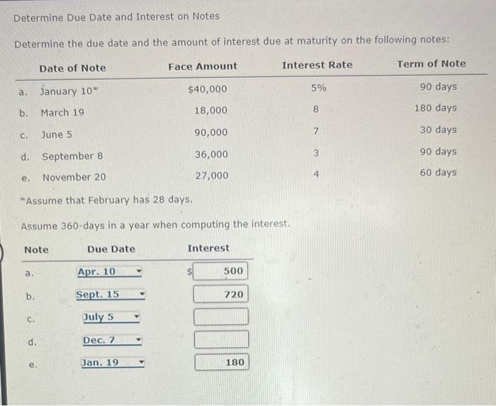 Solved Determine Due Date and Interest on Notes Determine | Chegg.com