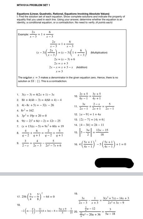 Solved Equations (Linear, Quadratic, Rational, Equations | Chegg.com