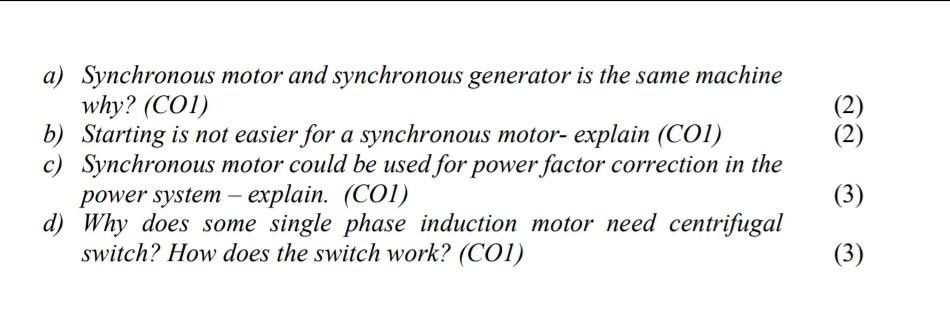 Solved (2) (2) a) Synchronous motor and synchronous | Chegg.com