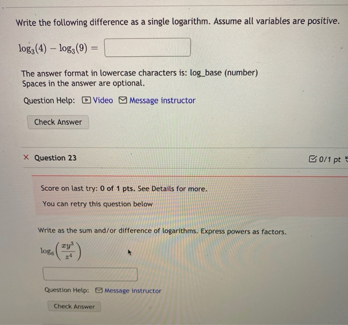Solved Write the following difference as a single logarithm. | Chegg.com
