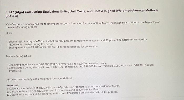Solved E3-17 (Algo) Calculating Equivalent Units, Unit | Chegg.com