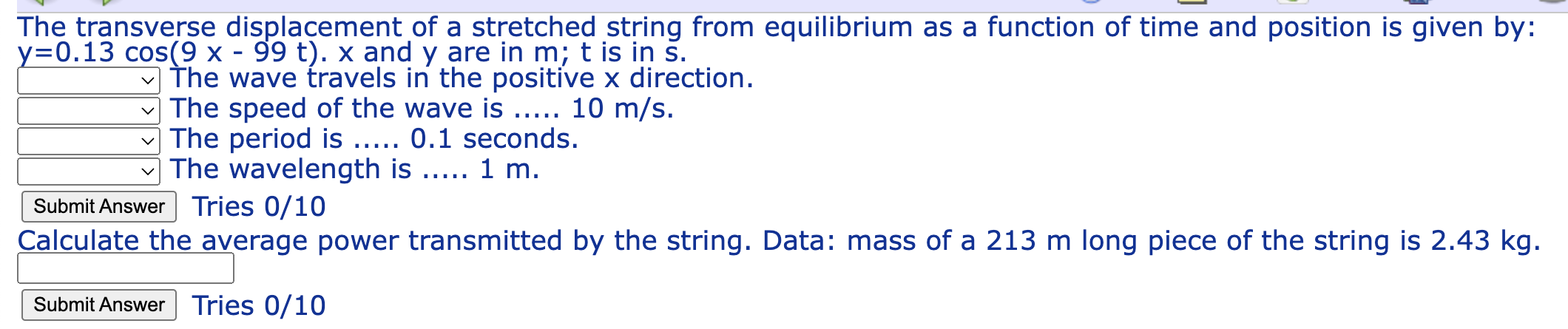 Solved The transverse displacement of a stretched string | Chegg.com