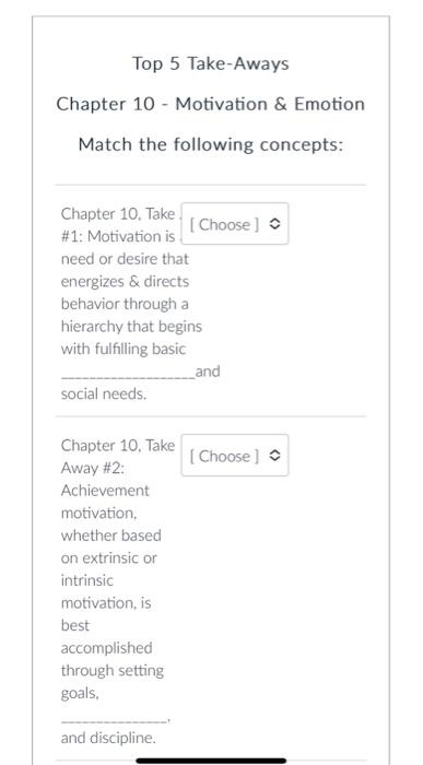 Solved Top 5 Take-Aways Chapter 10 - Motivation \& Emotion | Chegg.com