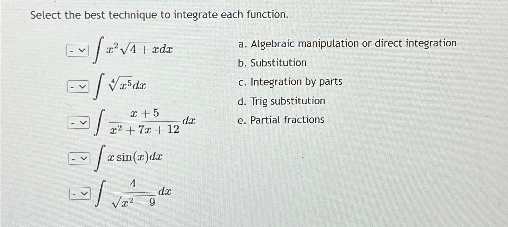 Solved Select the best technique to integrate each | Chegg.com