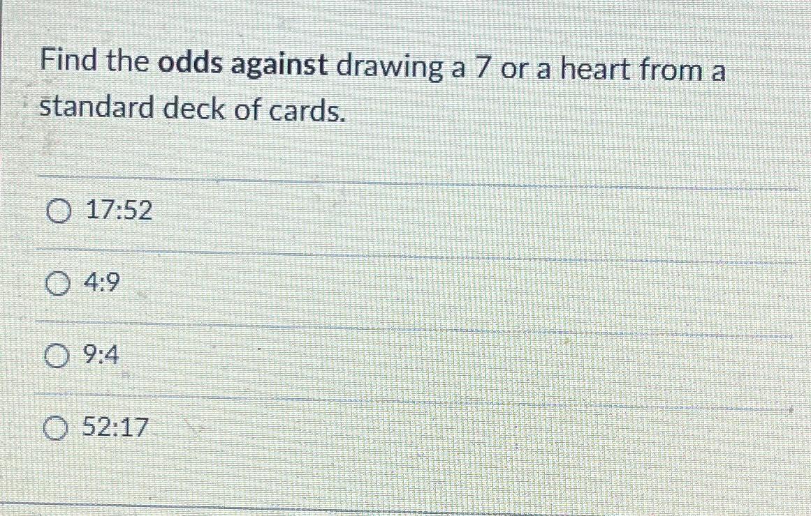 Find the odds against drawing a 7 ﻿or a heart from a | Chegg.com
