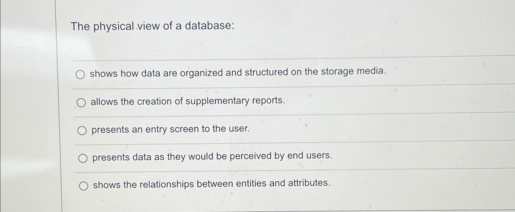 Solved The physical view of a database:shows how data are | Chegg.com