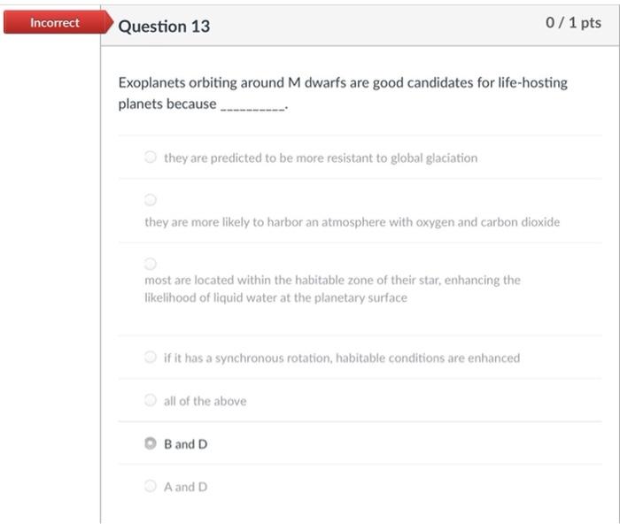 Solved Incorrect Question 9 0 / 1 pts Finding life on a | Chegg.com